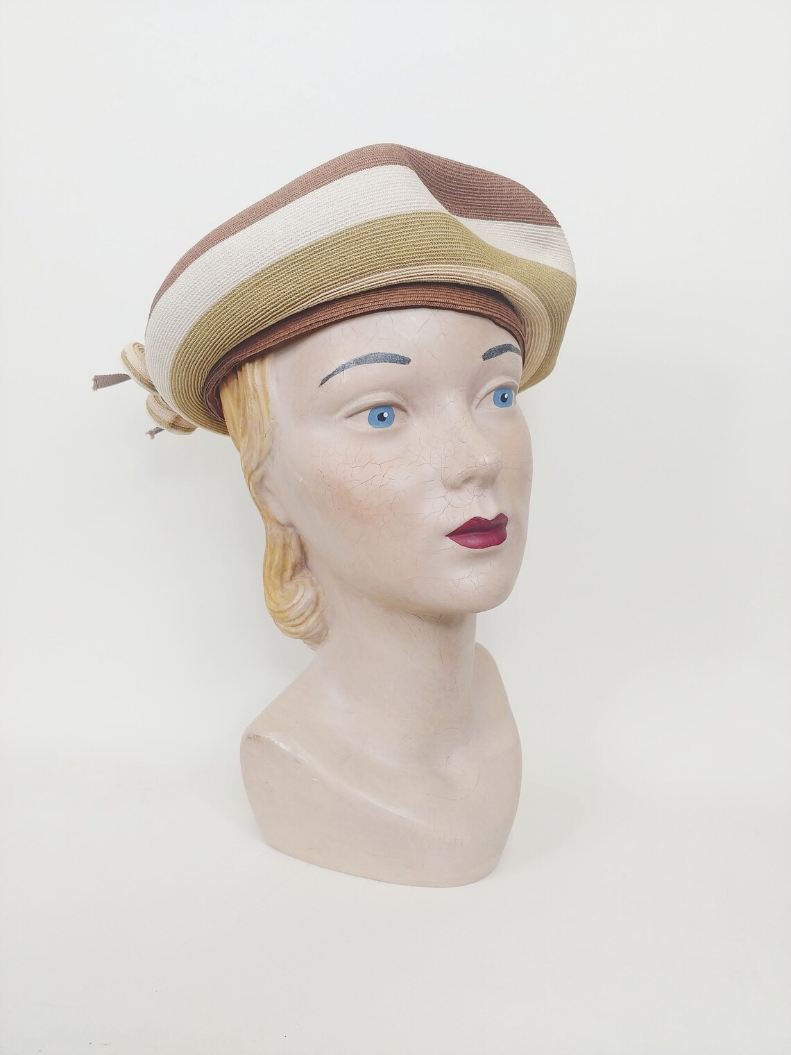 1940s Bullseye Striped Straw Beret | Vintage 40s Tam Hat - Etsy
