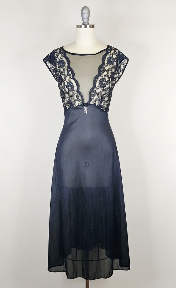 1980s Sheer Lace Black Nylon Nightgown Vintage 80s… Gem