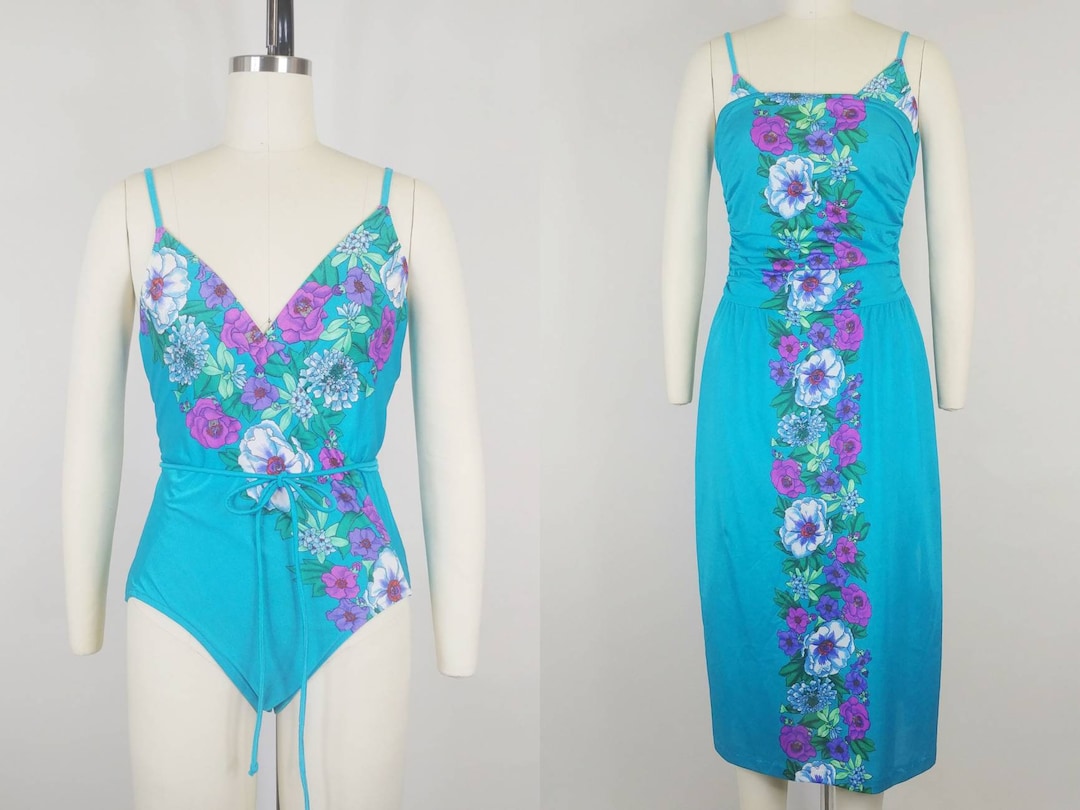 1980s Swimsuit Set | Vintage 80s Teal Blue Ocean Green Purple Floral ...