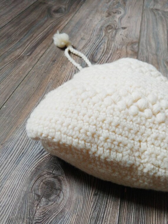 1970s Cream Crochet Drawstring Purse | Vintage 70s Po… - Gem