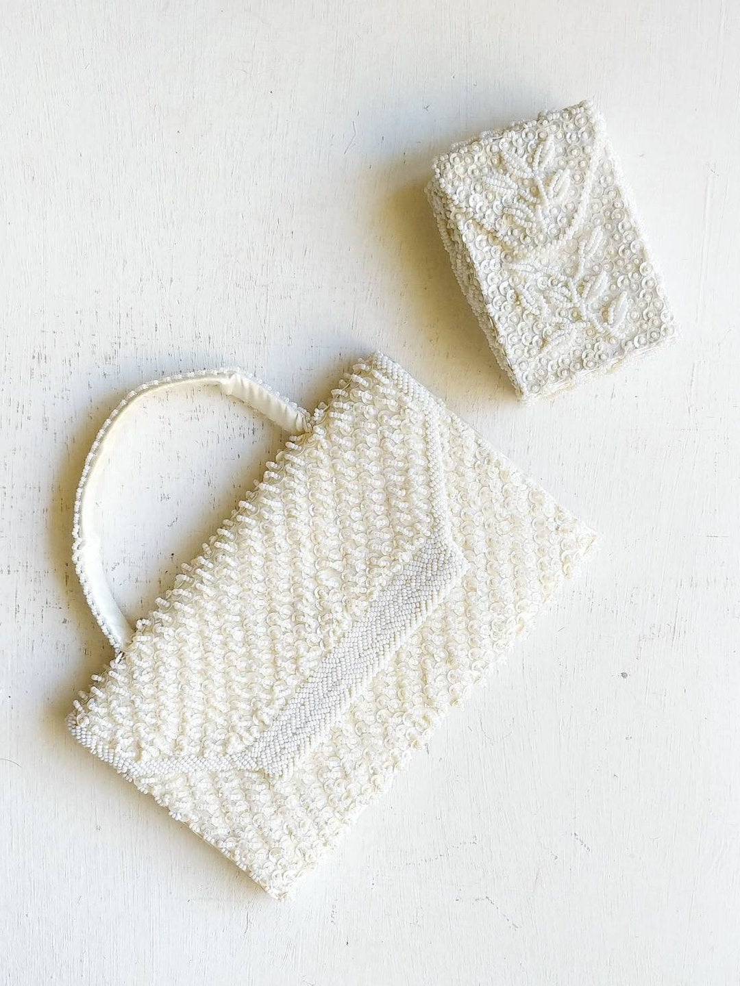 1960s White Beaded Cigarette Case and Handbag Set | Vintage 60s ...