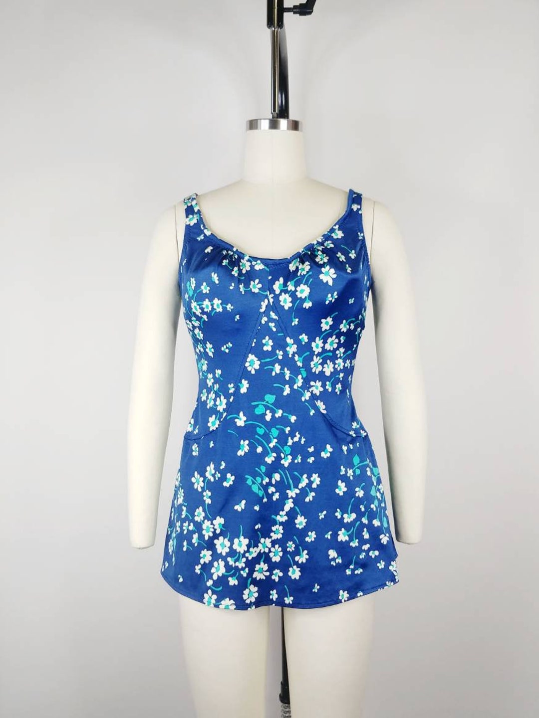 1970s Jantzen Floral Swimsuit | Vintage Blue Skirted Bathing Suit - Etsy
