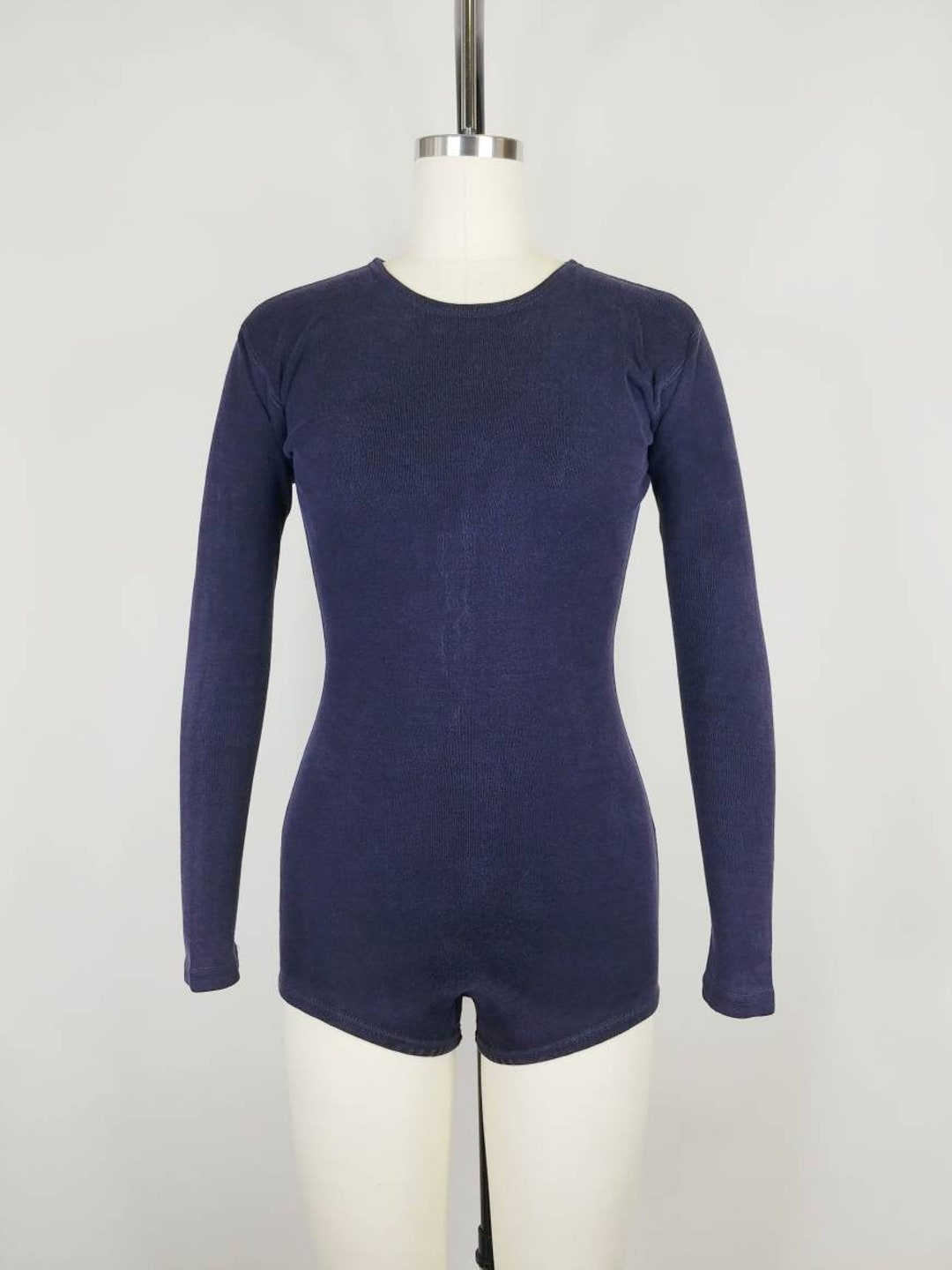 1950s Dance Leotard | Vintage 50s Navy Blue Cotton Knit Long Sleeve Gym ...