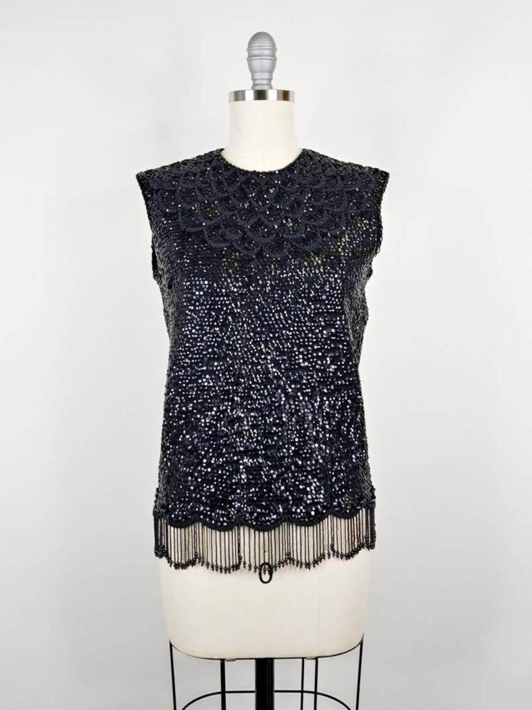 1960s Black Beaded Flapper Top Vintage 60s Sequined Sleeveless Bead Go ...