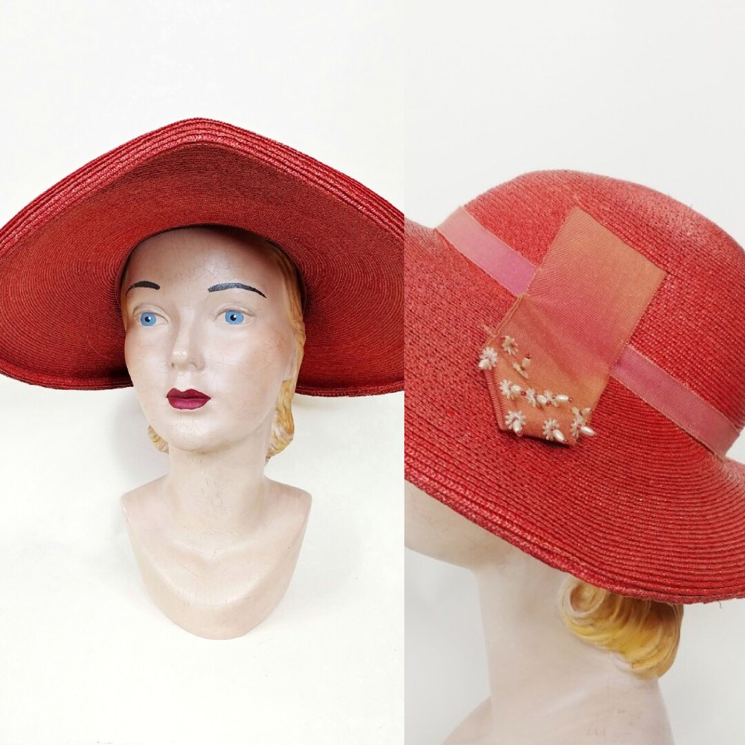 1940s Wide Brim Red Woven Sun Hat | Vintage 40s Summer Picture Hat - Etsy