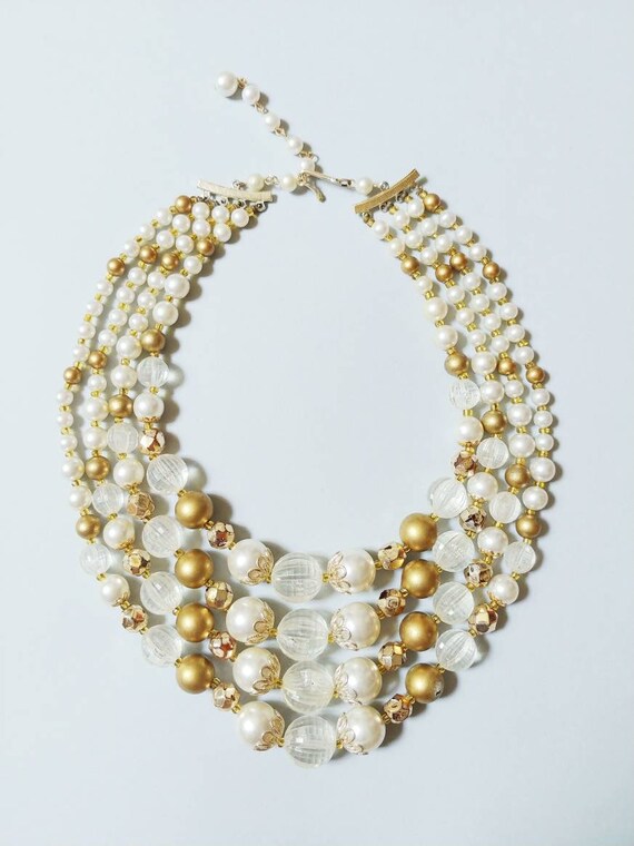 1960s Four Strand Tiered Gold Pearl Beaded Necklace |… - Gem