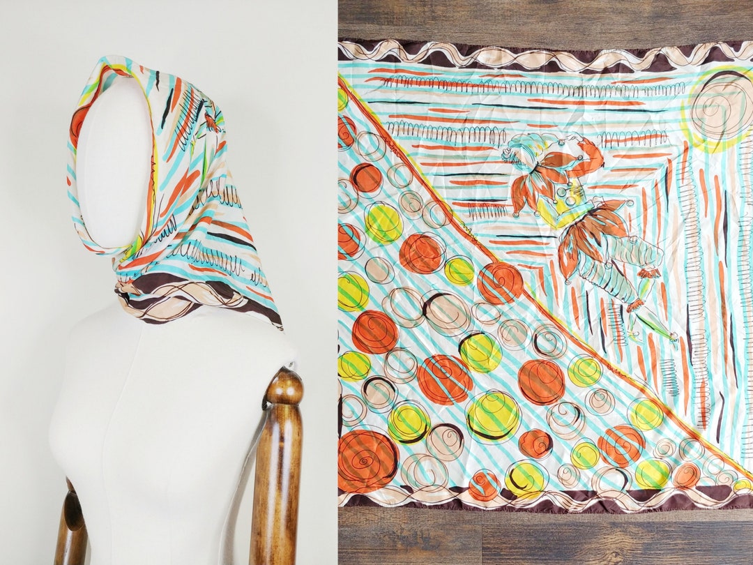 1940s Jester Novelty Print Silk Scarf Vintage 40s Orange Brown Blue ...