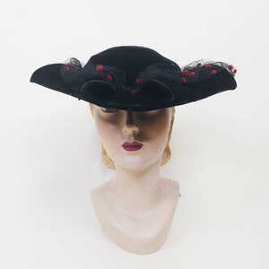 1930s Velvet Tricorn Hat | Vintage Saks 34th, Red Pom Poms - Etsy