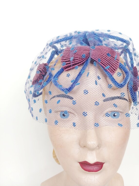 1950s Blue Velvet Veil Topper | Vintage 50s Bows Net … - Gem