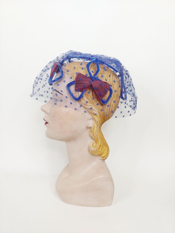 1950s Blue Velvet Veil Topper | Vintage 50s Bows Net … - Gem