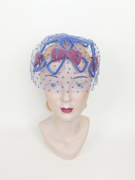 1950s Blue Velvet Veil Topper | Vintage 50s Bows Net … - Gem