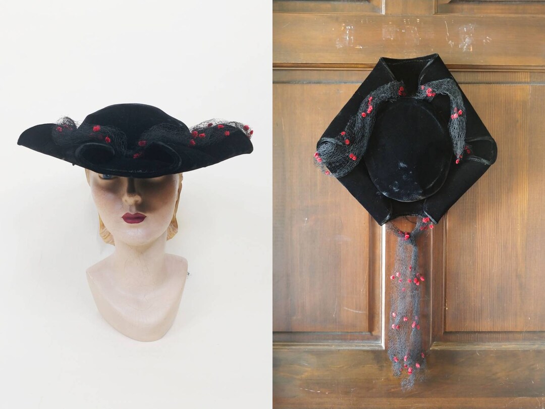 1930s Tricorn Black and Red Velvet Hat Vintage 30s Saks 34th Three ...