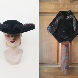 1930s Tricorn Black and Red Velvet Hat Vintage 30s Saks 34th Three ...