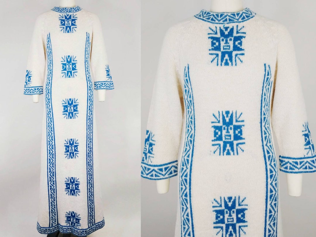 1970s Peruvian Inca Sun God Alpaca Wool Knit Sweater Dress Vintage 70s ...