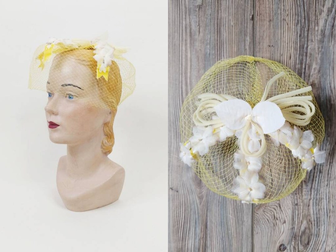 1950s Yellow Floral Net Topper | Vintage 50s Veil Hat | Women's Spring ...
