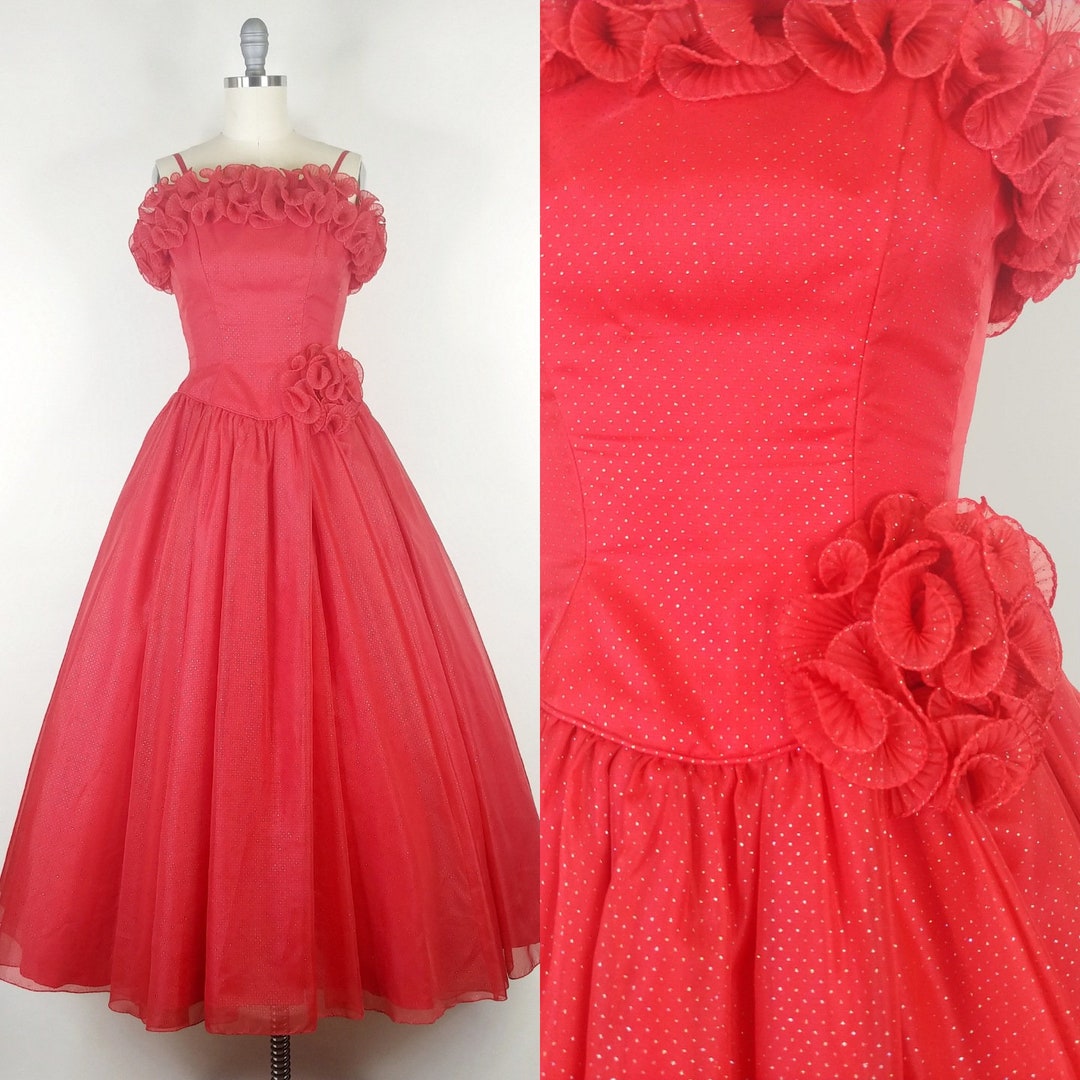 1970s Mike Benet Red Gold Swiss Dot Formal Gown | Vintage 70s Does 50s ...