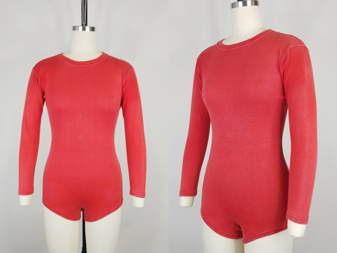 1950s Red Dance Leotard Vintage 50s Cotton Knit Long Sleeve Gym Suit ...