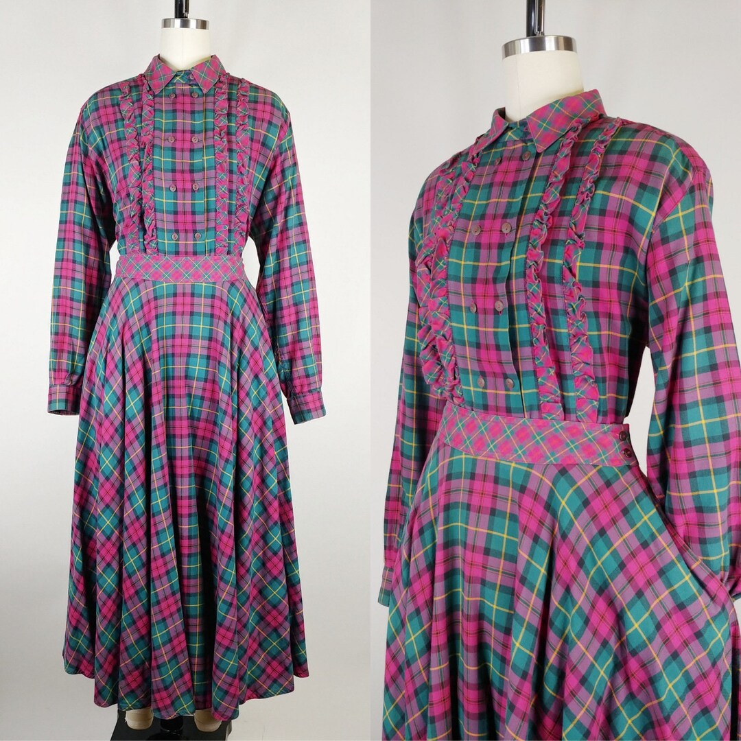 1980s Liz Sport Tartan Plaid Circle Skirt Set | Vintage 80s Black Purple Pink Green Button Down ...