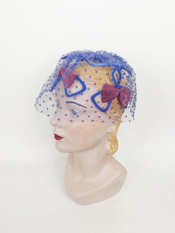 1950s Blue Velvet Veil Topper | Vintage 50s Bows Net … - Gem