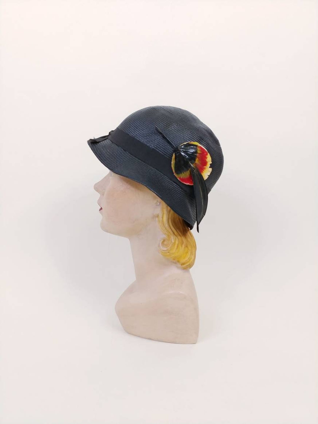1930s Florence Walton Slouch Hat | Vintage 30s Black Red Feather Straw ...