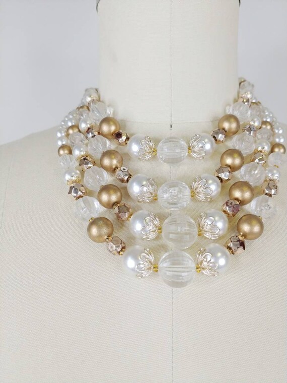 1960s Four Strand Tiered Gold Pearl Beaded Necklace |… - Gem