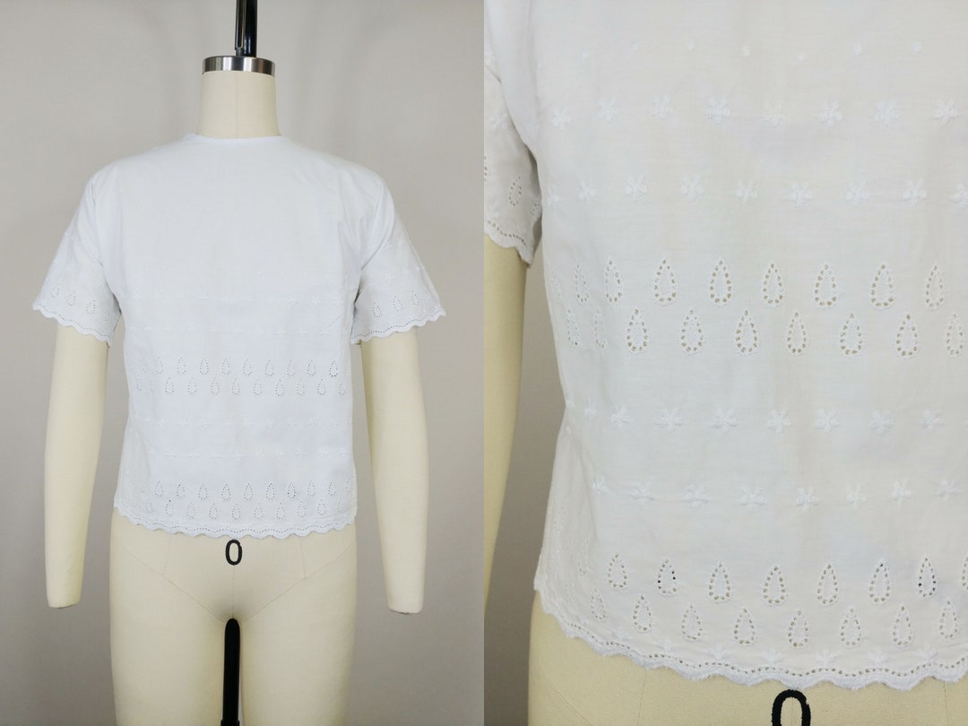 1950s White Eyelet Button Back Blouse Vintage 50s Short Sleeve Cotton ...