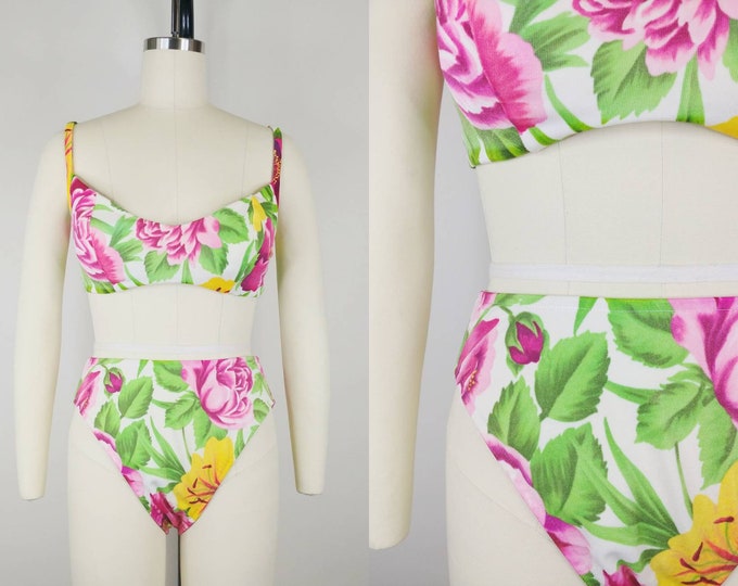 1990s Cole Rose Print Underwire Bikini | Vintage 90s Green Pink Yellow ...