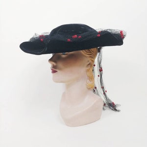 1930s Velvet Tricorn Hat | Vintage Saks 34th, Red Pom Poms - Etsy