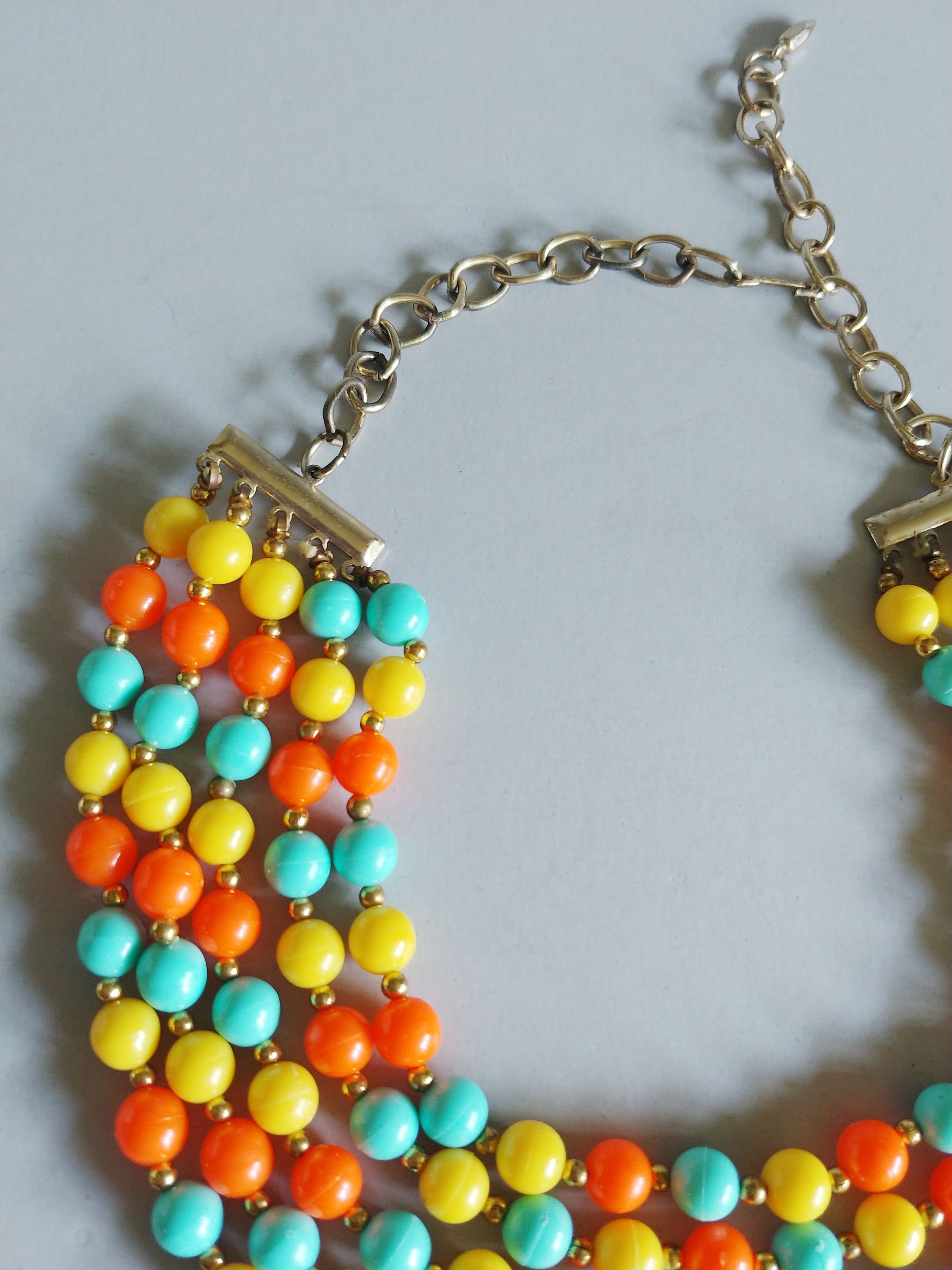 1960s Five Strand Beaded Necklace | Vintage 60s Aqua Blue Tangerine ...