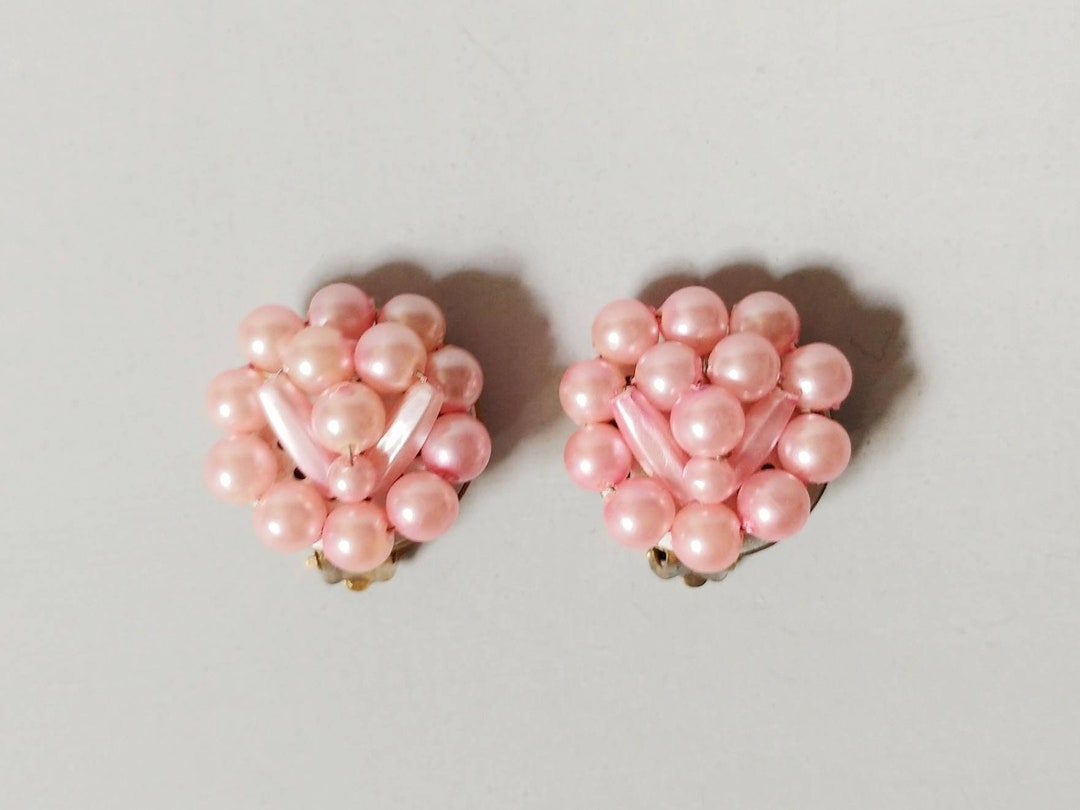 1960s Pink Pearl Bead Clip on Bauble Earrings | Vintage 60s Beaded ...
