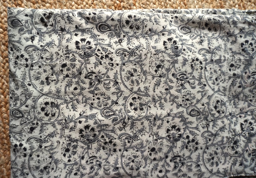 50" Wide Natural Dyes Beige Black Grey Floral Hand Printed Soft Cotton ...