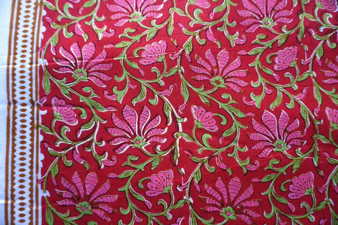 Maroonish Red Block Print Floral Cotton Fabric With Border - Etsy