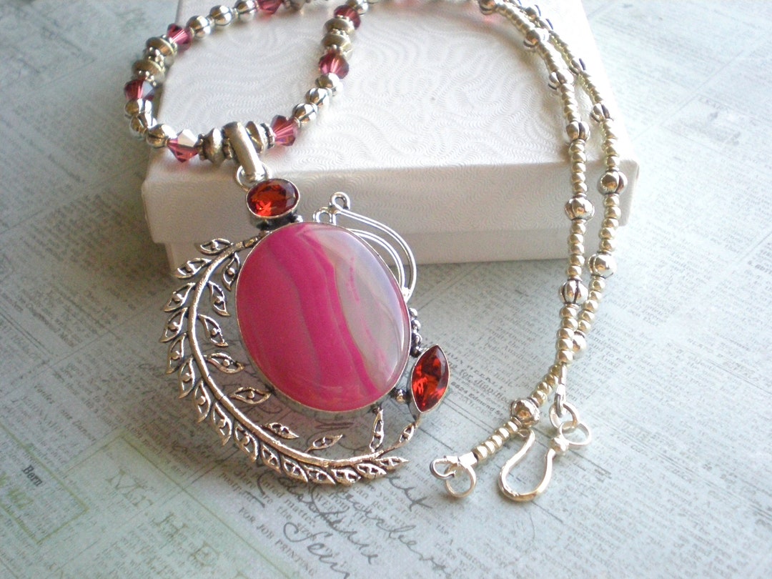 Hot Pink Pendant Necklace With Silver, Rose Banded Agate Stone and ...