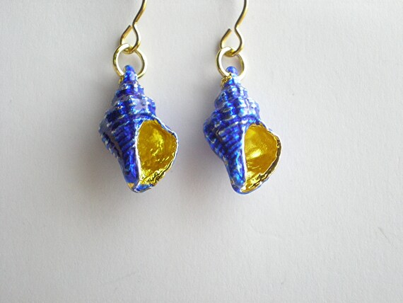Blue and Gold Shell Earrings Conch Shell Charms Enamaled | Etsy