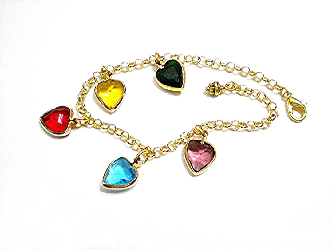 Rainbow Heart Bracelet, Colorful Glass Bezel Set Hearts on Gold Rolo ...