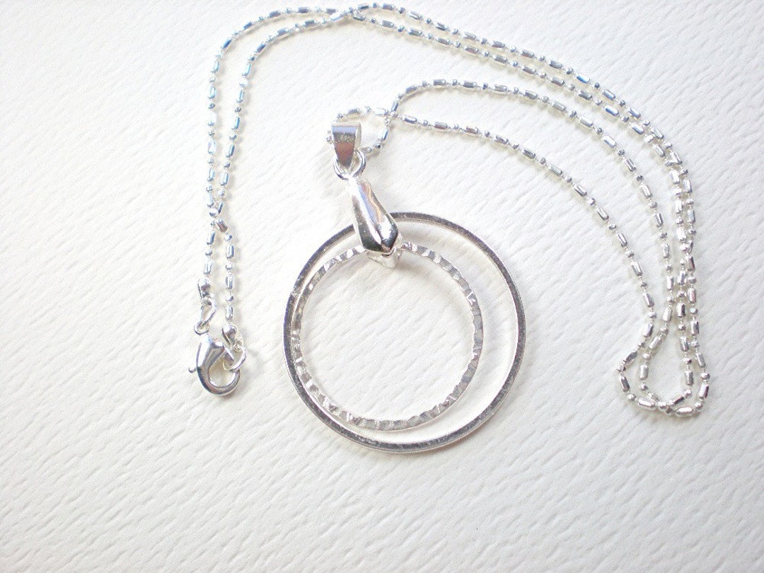 Large Circle Charm Necklace, Two Silver Rings on Delicate Chain, 18 ...