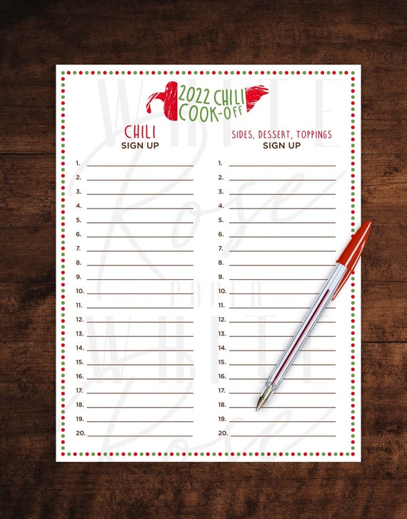 Chili Cook-off Printable Sign up Sheet - Etsy