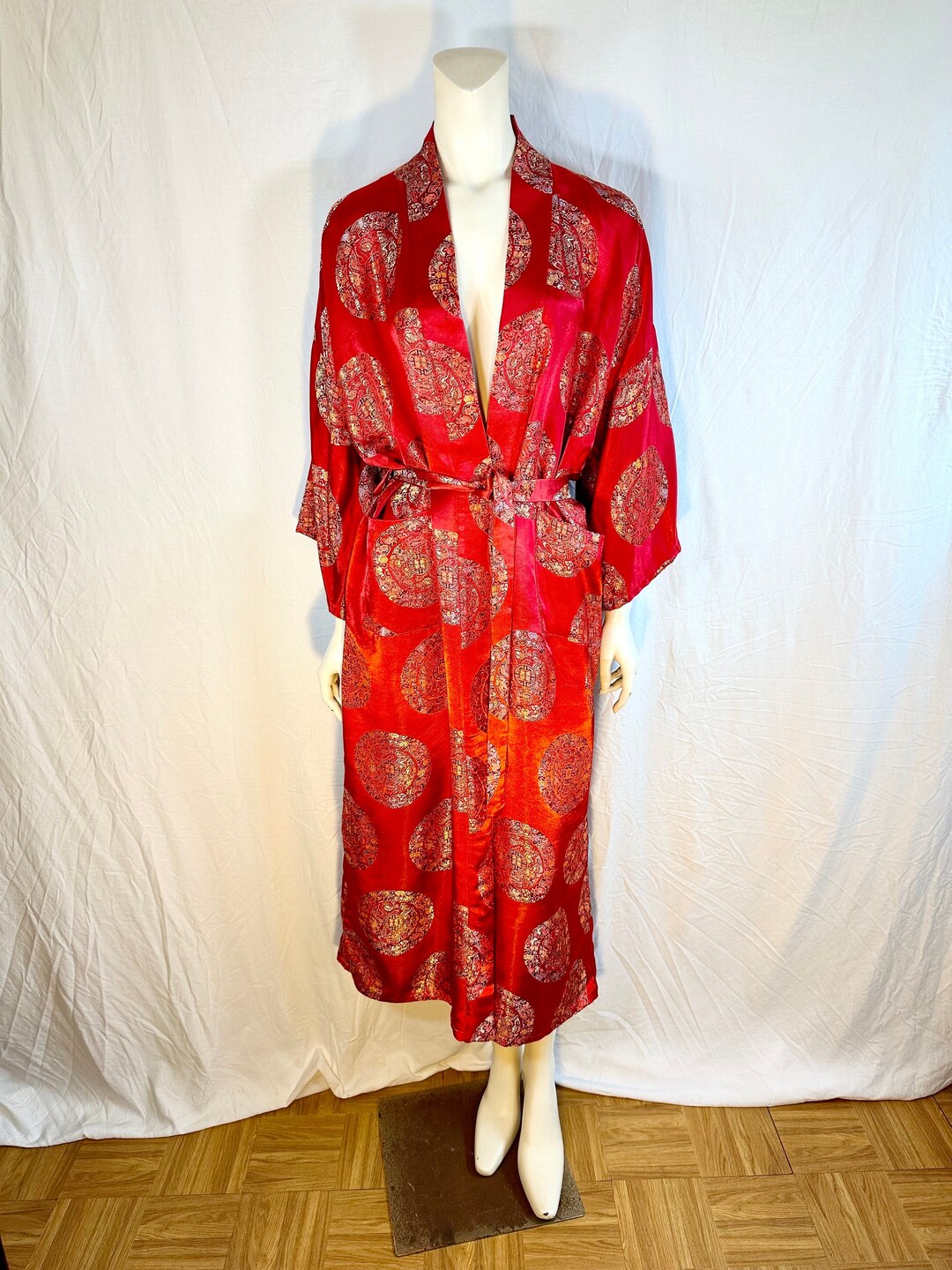 Vintage Chinese Red Brocade Robe, Golden Dragon, Made in China, Unisex ...