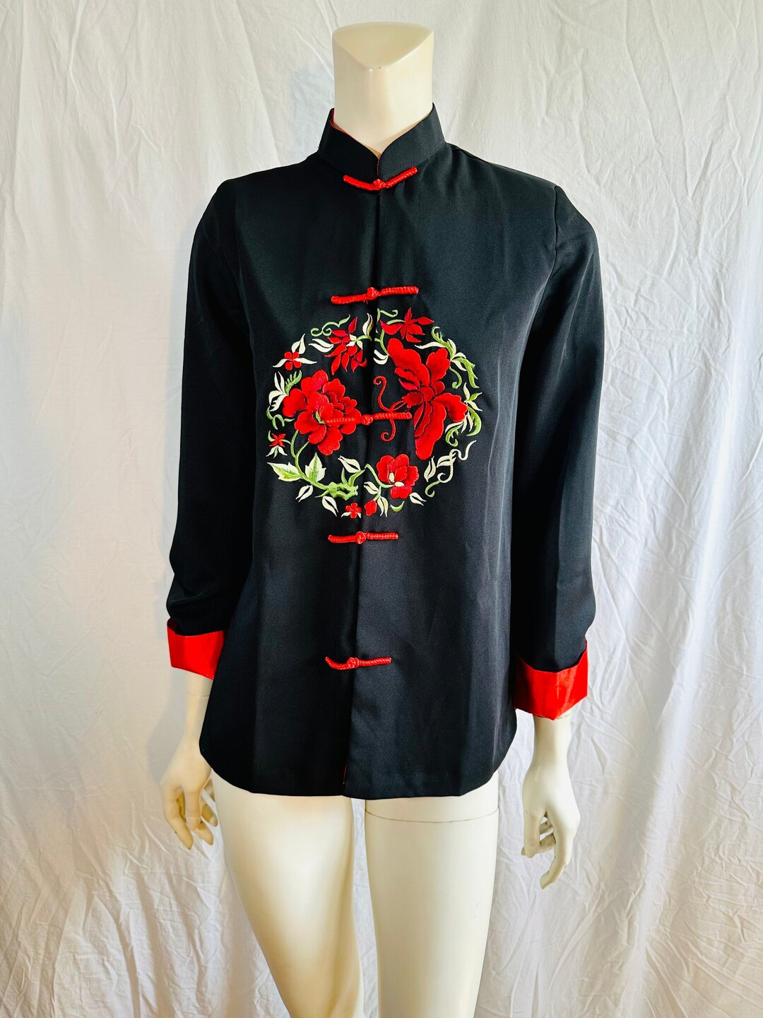 Vintage Black & Red Floral Frog-closure Jacket, Made in Vietnam Small ...