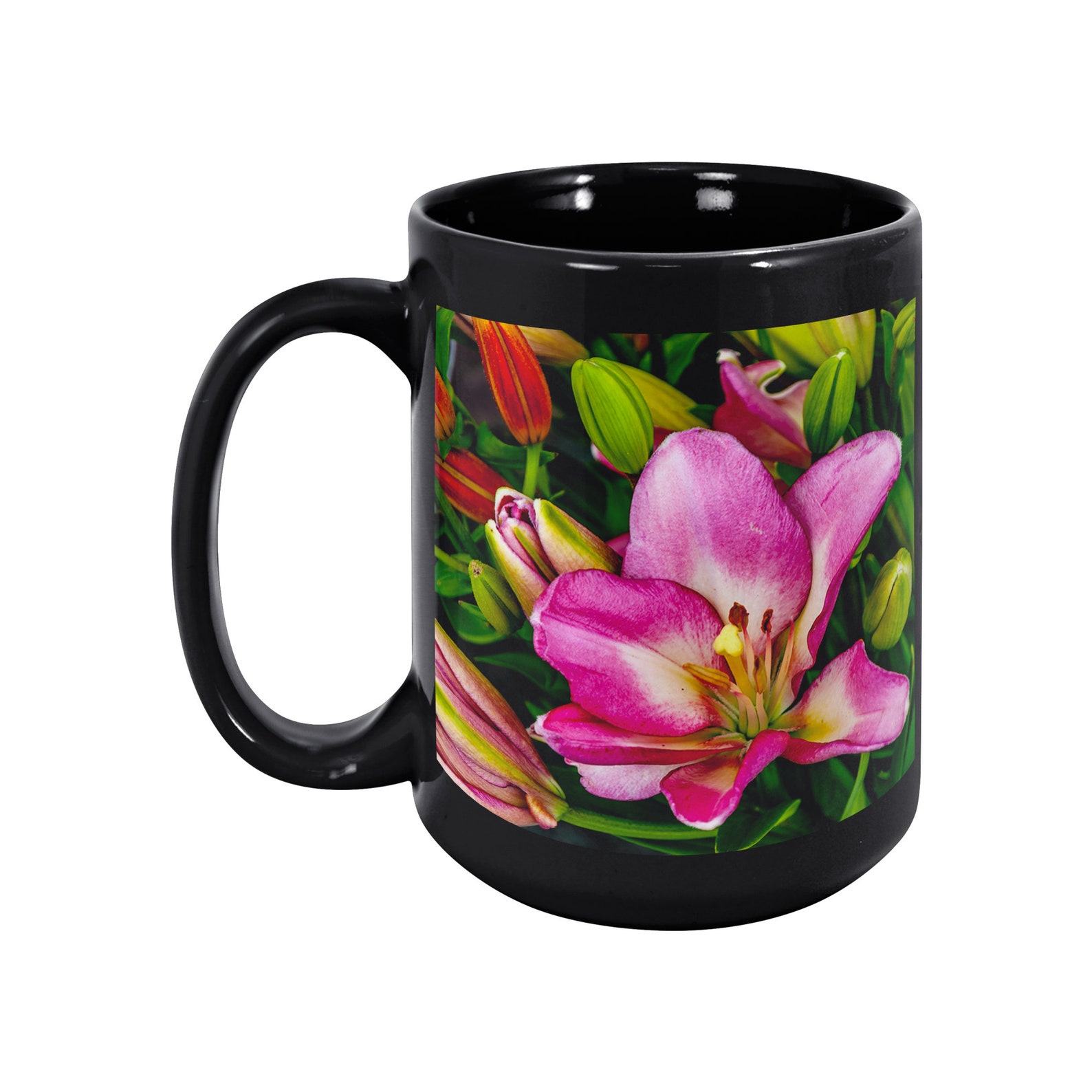 Beautiful Mugs, Floral Gift Mug, 15 Oz Black Ceramic Mug, Pink Lily Mug ...