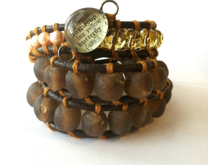 Triple Wrap Beaded Leather Bracelet Vintage Buttercup Charm - Etsy