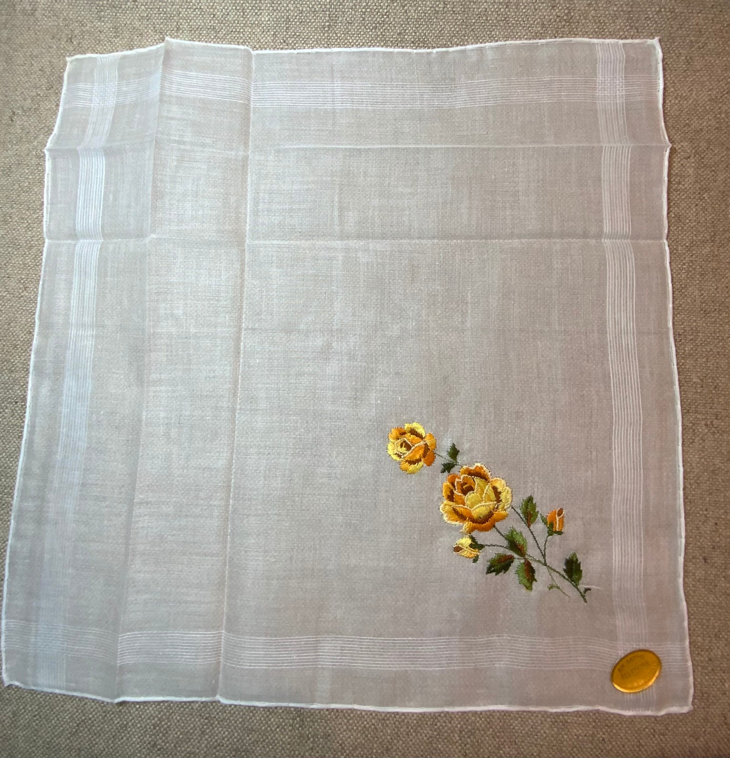 Rose Handkerchief Vintage 1960s All Cotton Batiste Embroidered Rose New ...