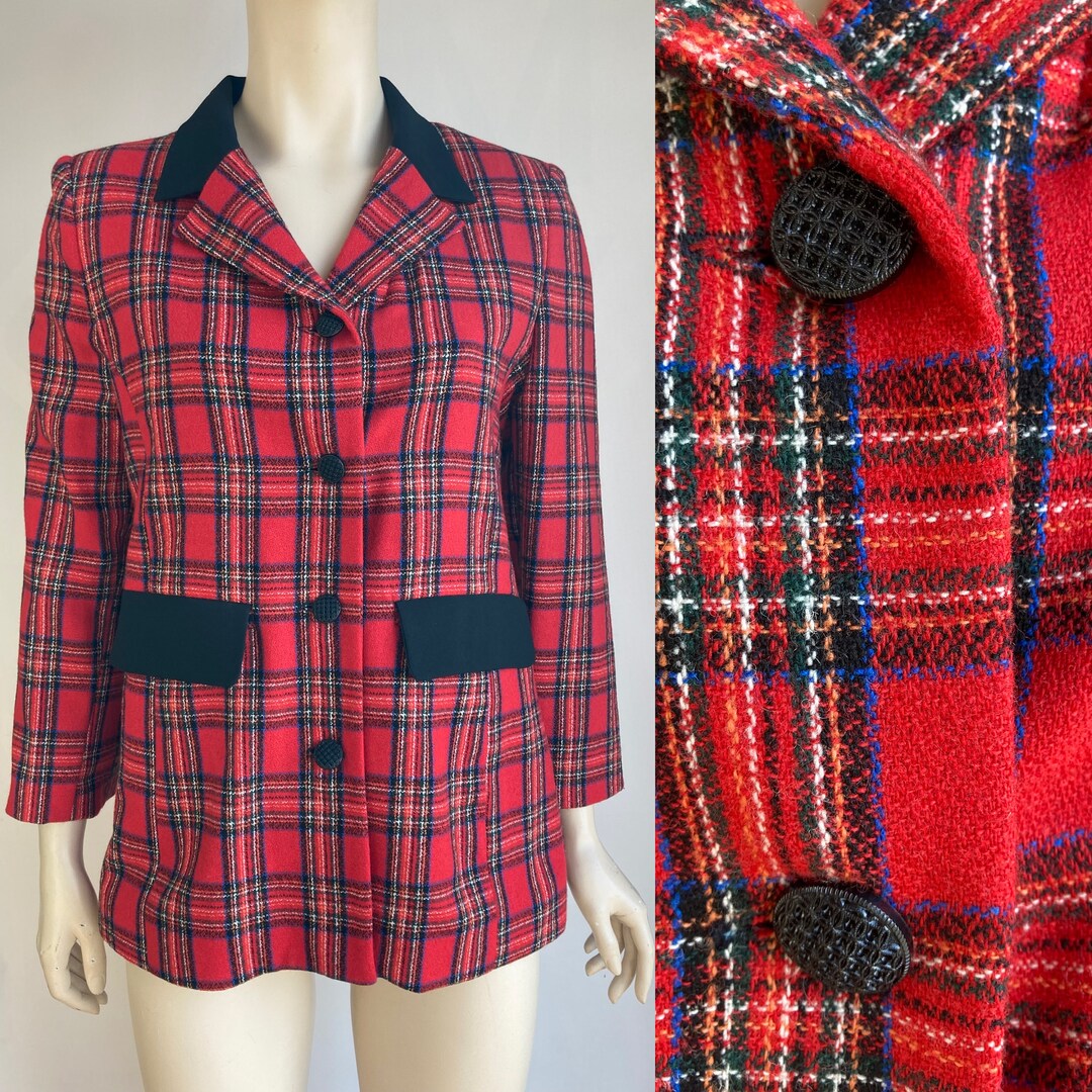 Red Checked Blazer With Black Buttons and Details, Shoulder Pads, Fully ...