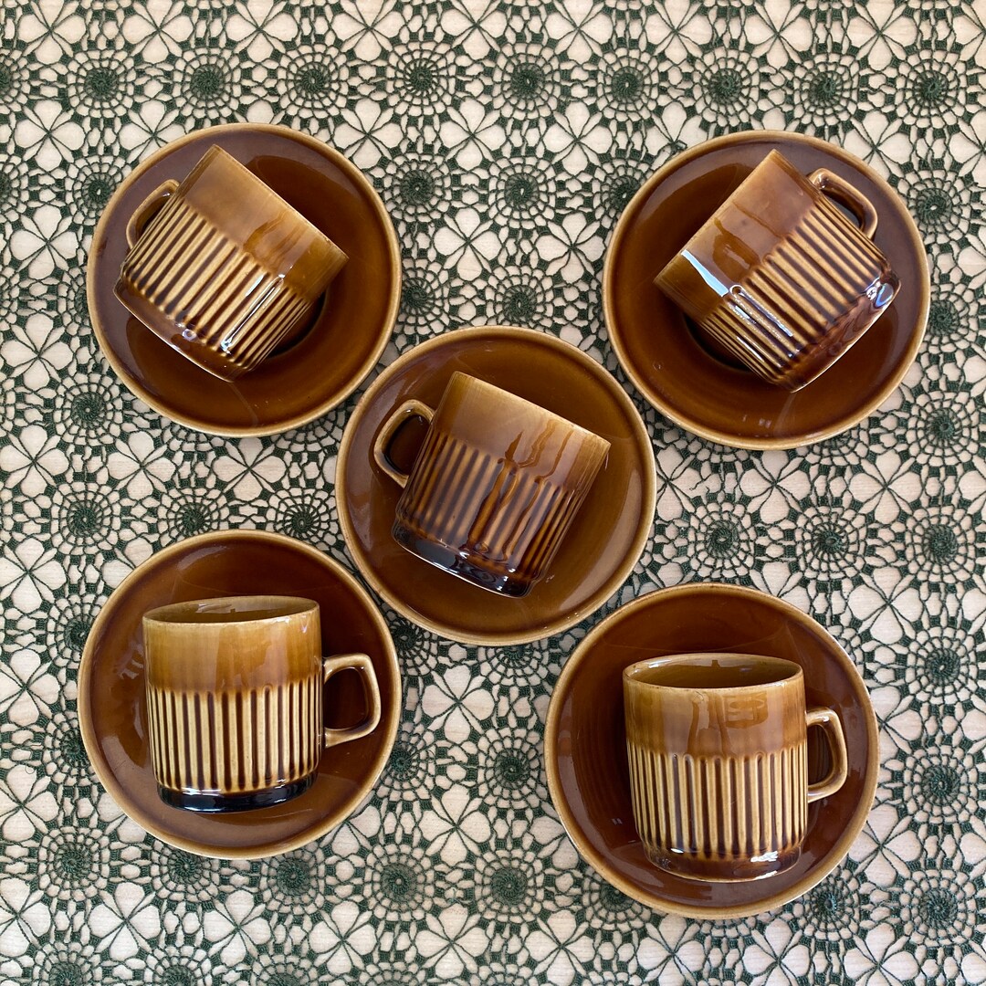 Vintage Coffee Cups, 5 Ceramic Cups and Saucers in Caramel Brown Made ...