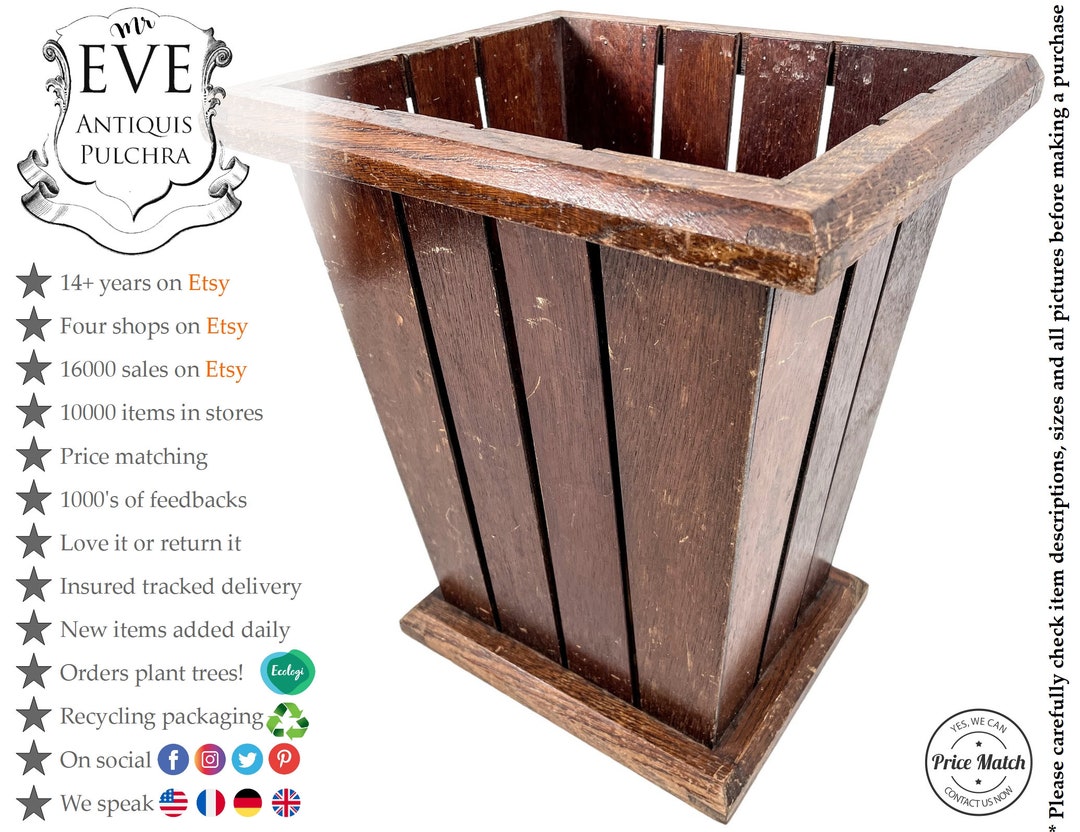 Vintage French Bin Waste Paper Trash Can Varnished Wood Wooden Scarred ...
