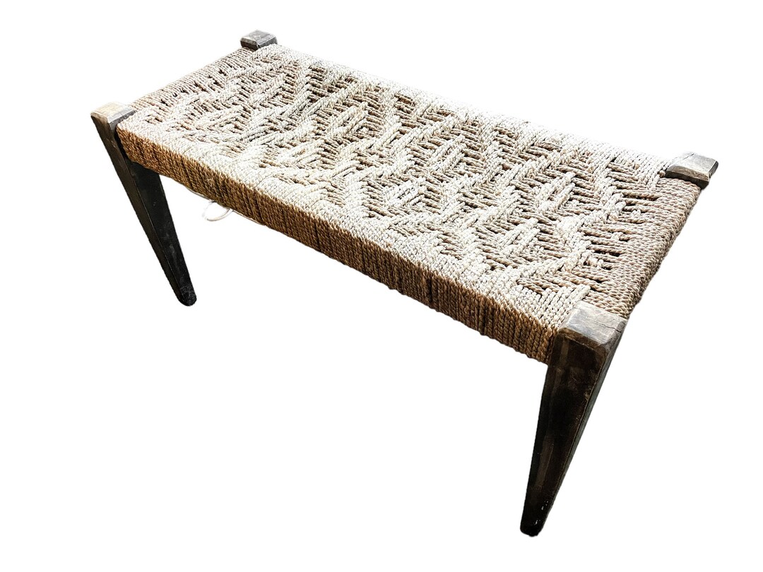 Vintage French Bench Stool Woven Rope String Seat Wooden Brown Rest ...