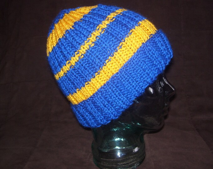 Blue and Yellow Striped Knit Hat Adult - Etsy