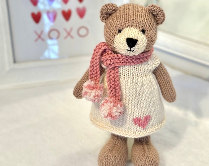 Hand Knit Teddy Bear/ Knitted Girl Bear/ 9" Wool Teddy Bear/ Valentine ...