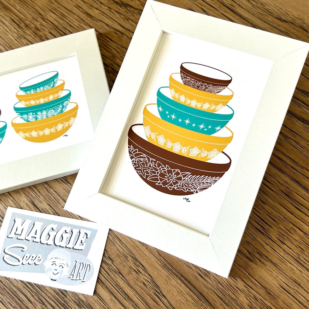 Pyrex Bowl Inspired Art Print Retro Kitchen Wall Decor Colorful Teal ...