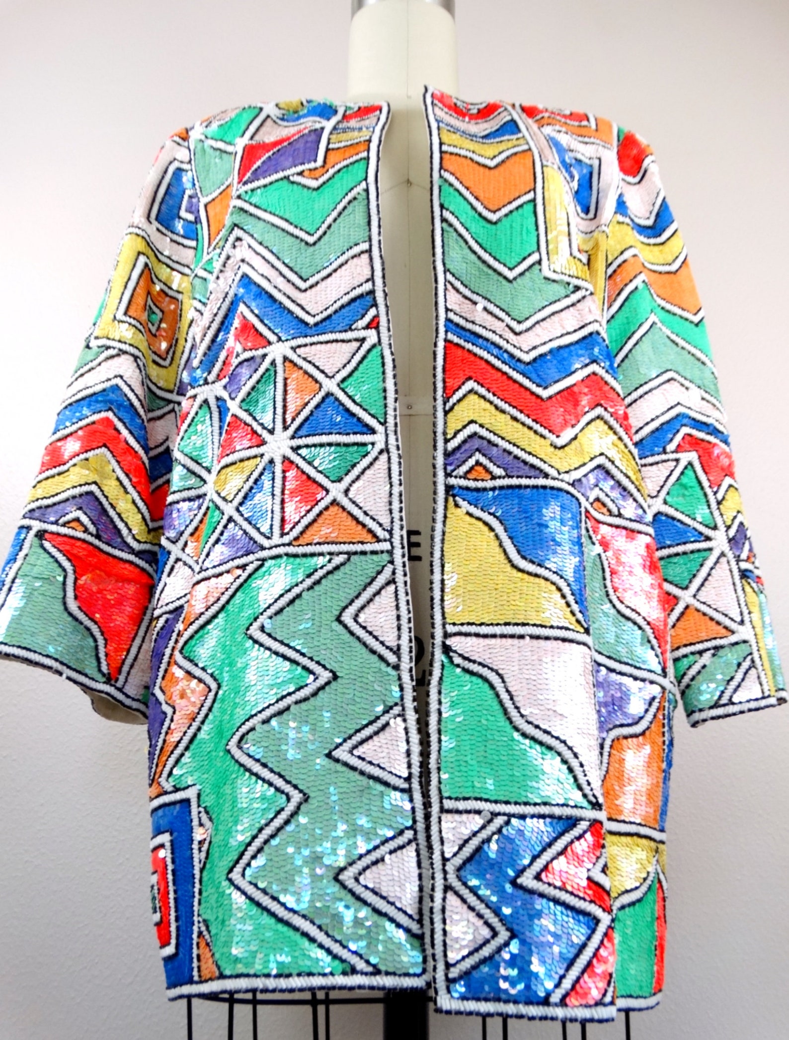 NEON Glam Sequined Beaded Jacket / Bright Color Block Novelty - Etsy